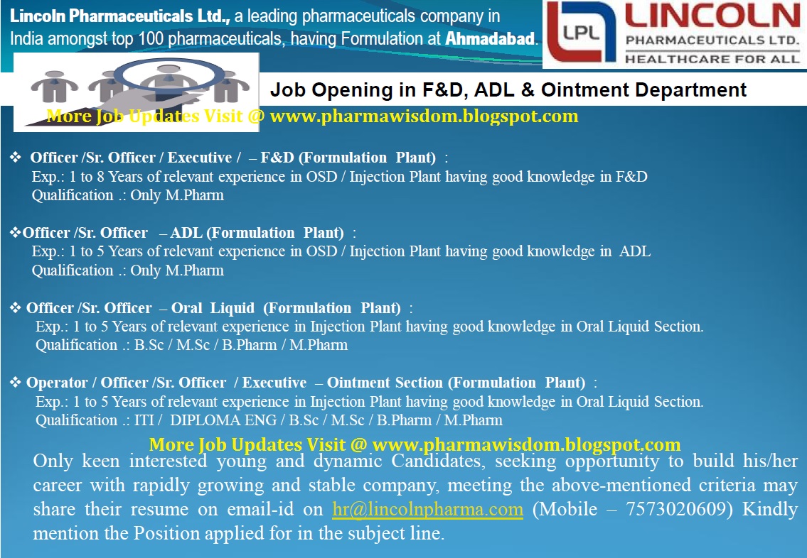 Multiple Openings in F&D / ADL / Ointment Department @ LINCOLN ...