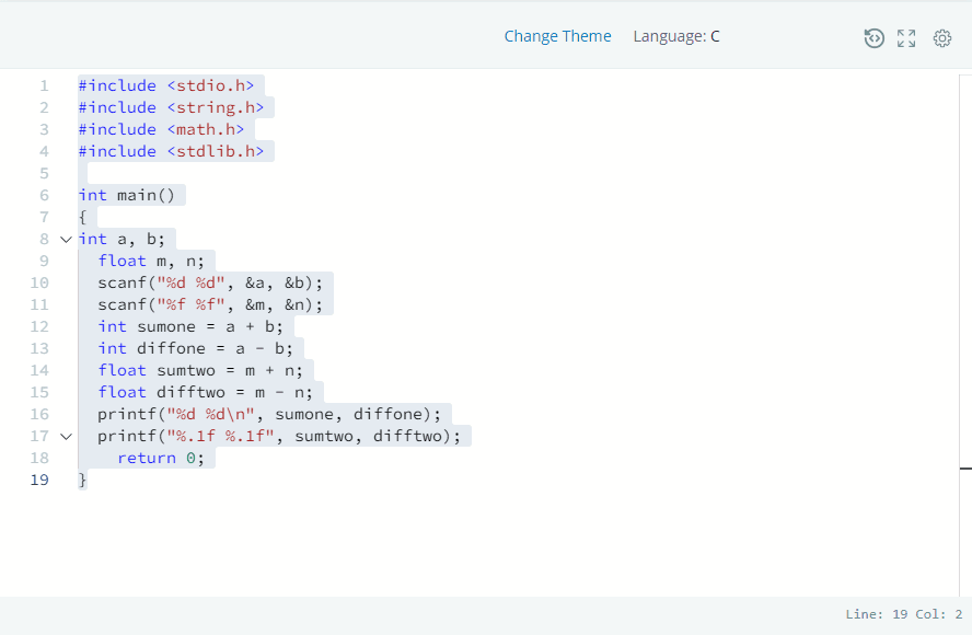 Sum And Difference Of Two Numbers In C Hacker Rank Solution Sloth Coders