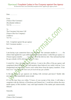 Sample Complaint Letter to Gas Company against Gas Agency