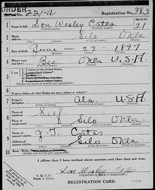 East Texas Genealogy: Don Wesley Cates - World War 1 draft card
