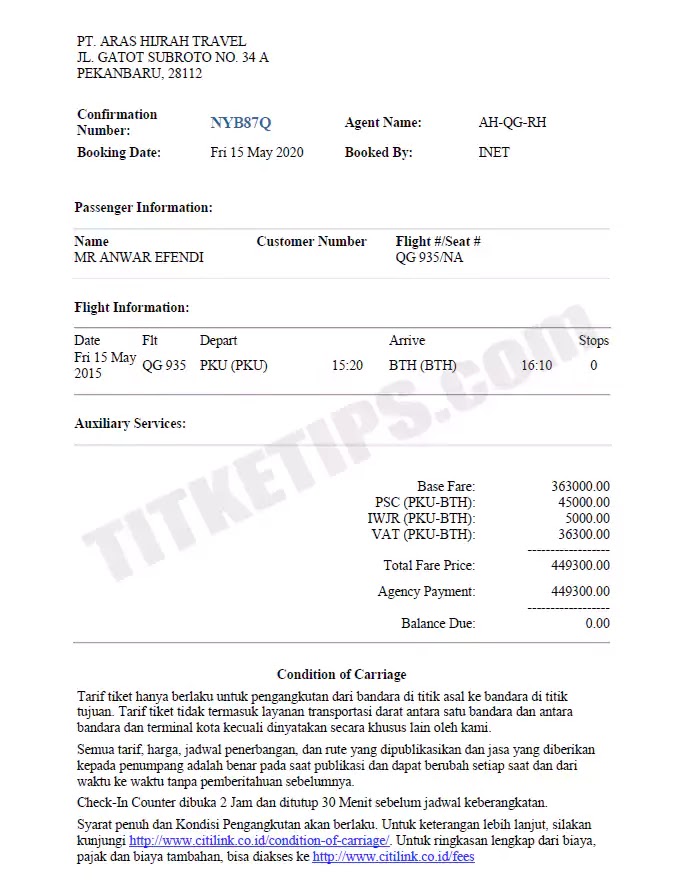 Contoh Print Out E-Tiket beberapa Maskapai Penerbangan - TIKETIPS.com