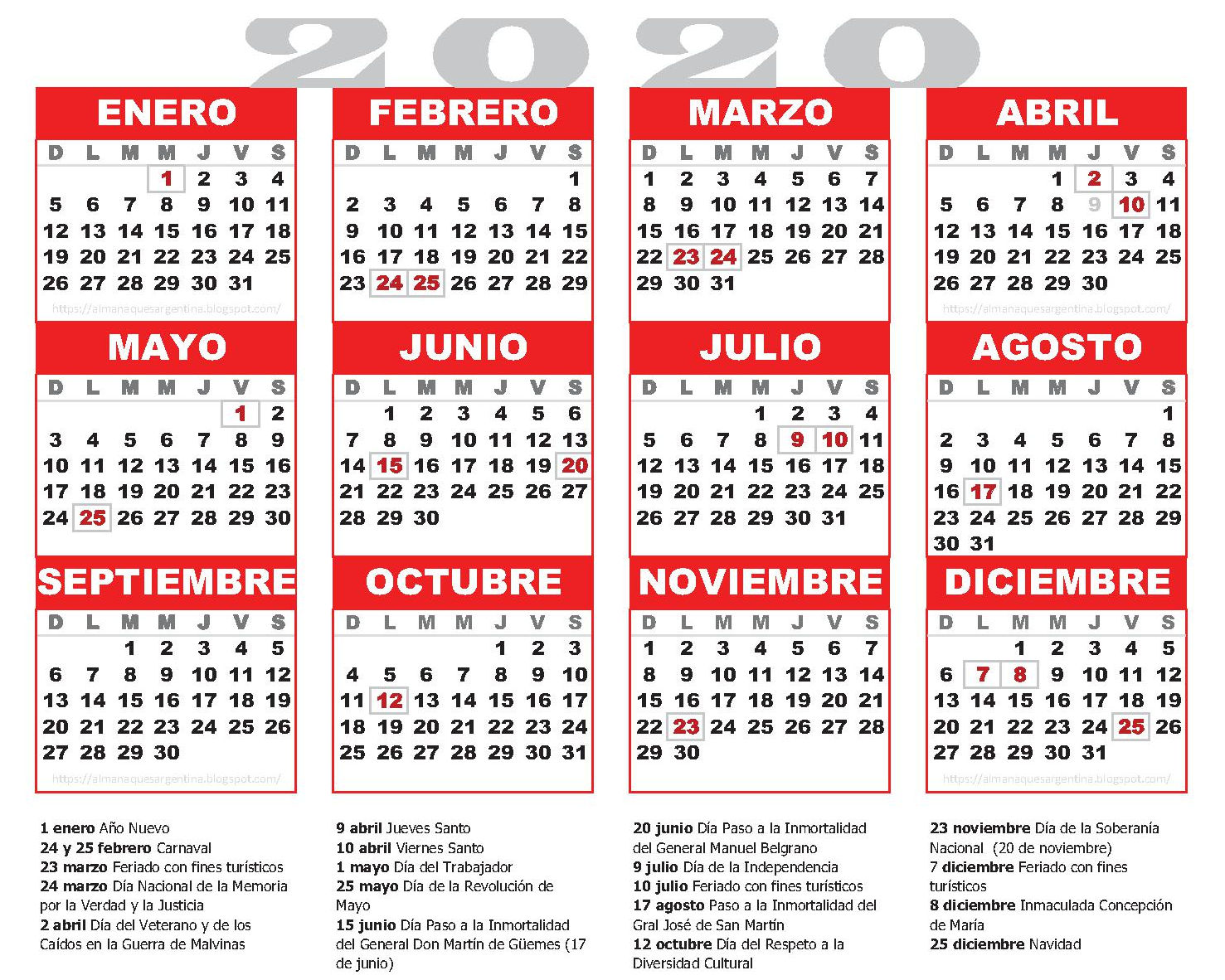 Almanaques y Feriados