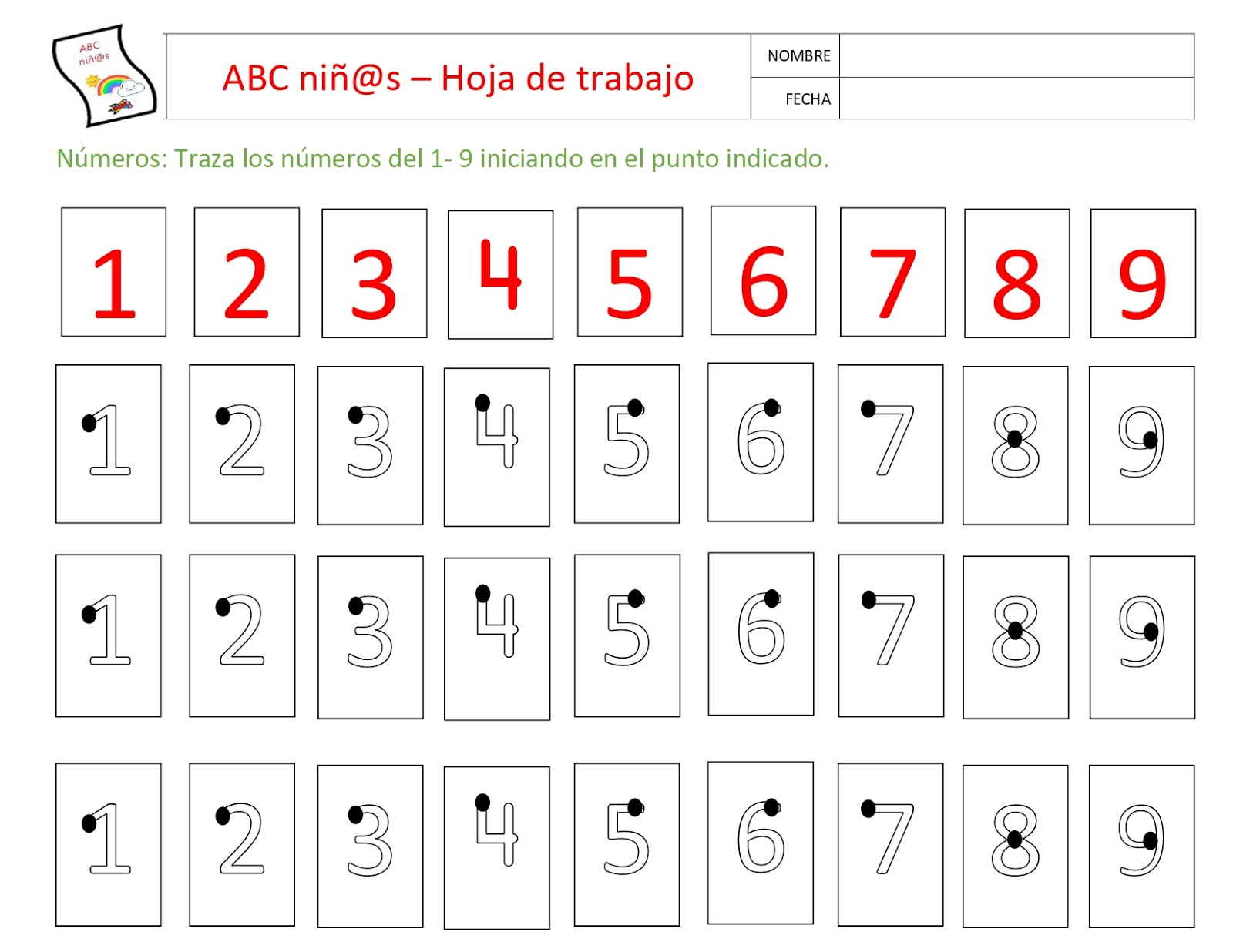 Números hoja de trabajo #1 Del 1-9