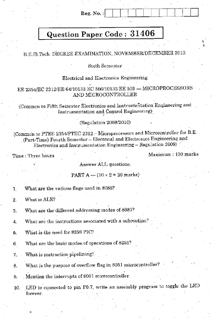 EE2354 Microprocessors and Microcontrollers Nov Dec 2013 Question Paper ...