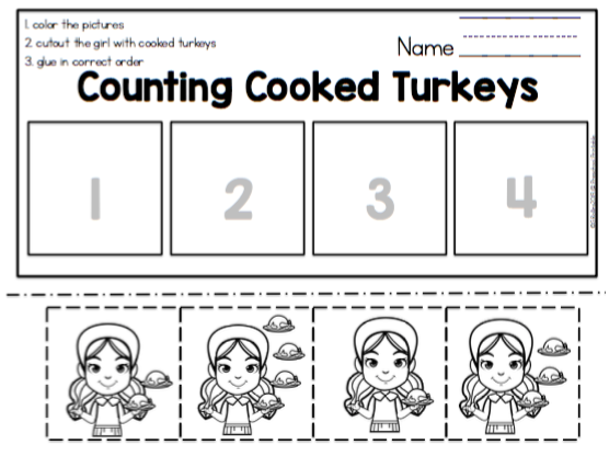 Thanksgiving Counting- Color-Cut-Glue Sequencing ~ Preschool Printables