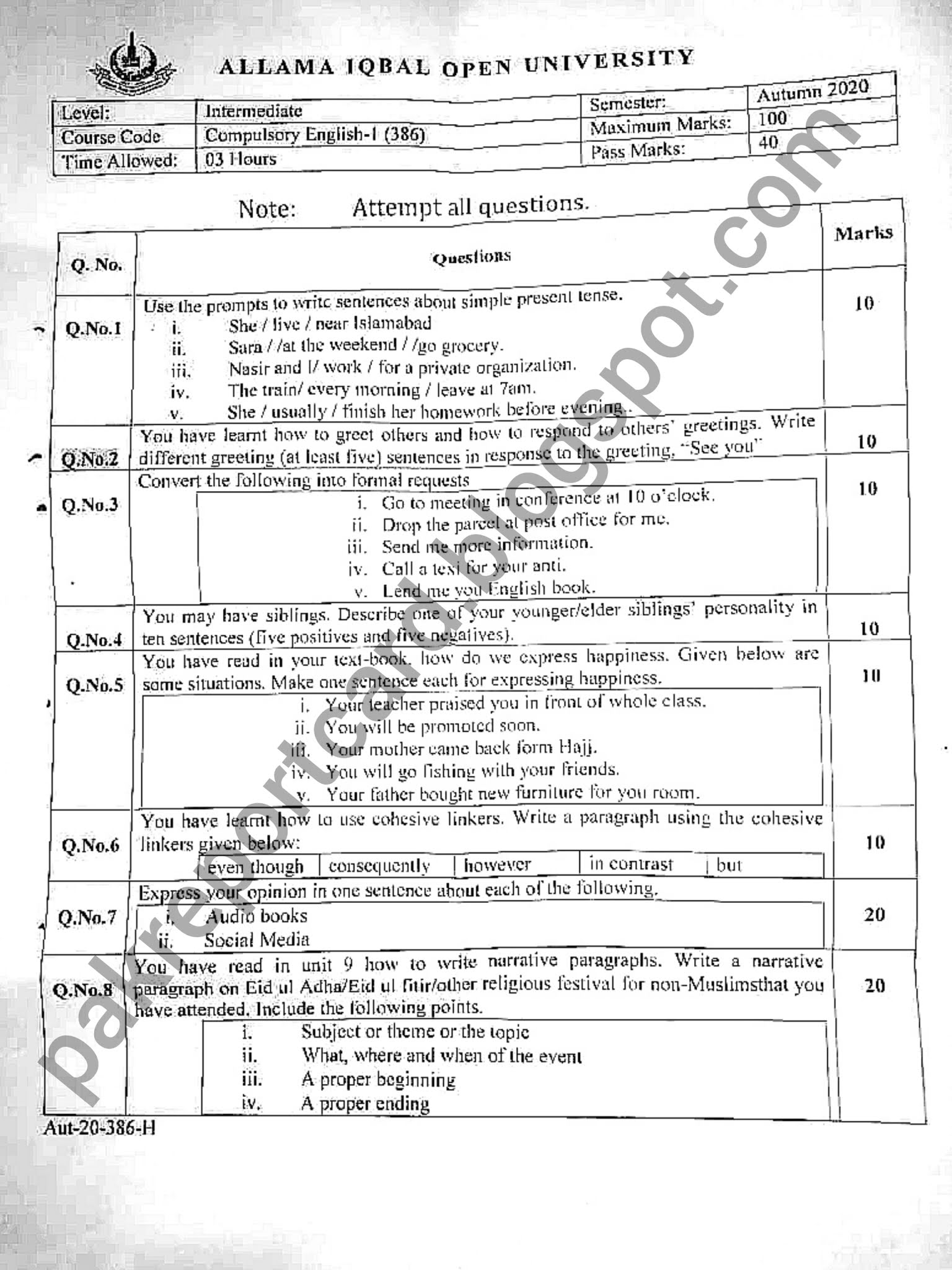 Compulsory English past paper 2021 aiou code 386
