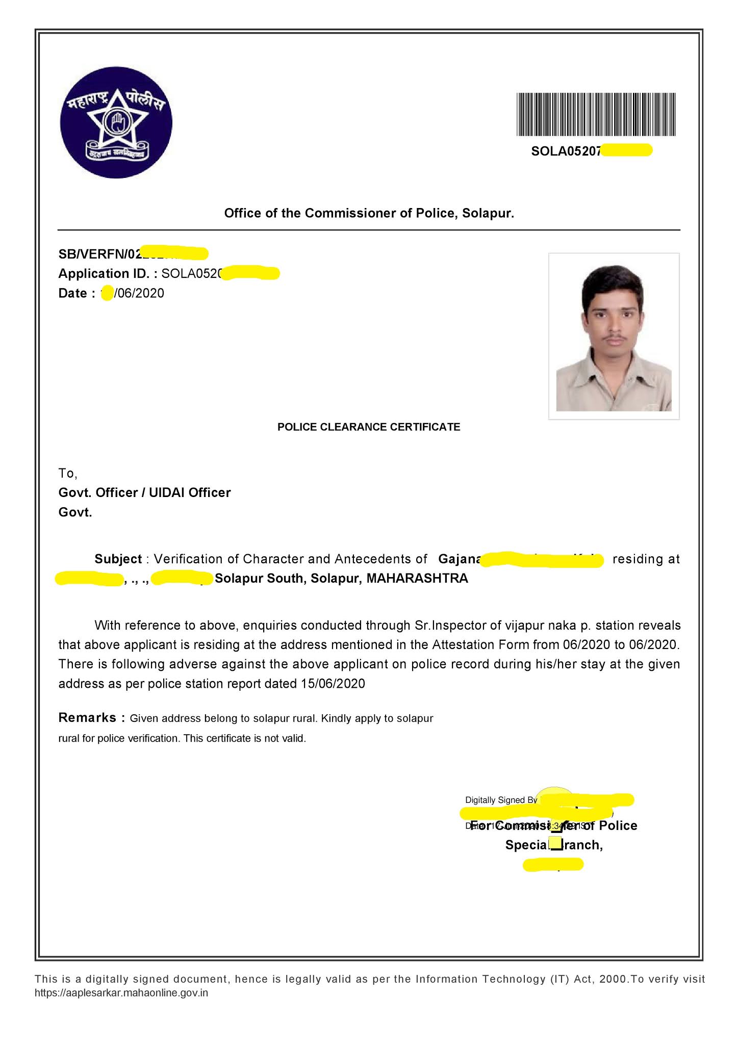 Police Verification Certificate Character Certificate Apply Online Images