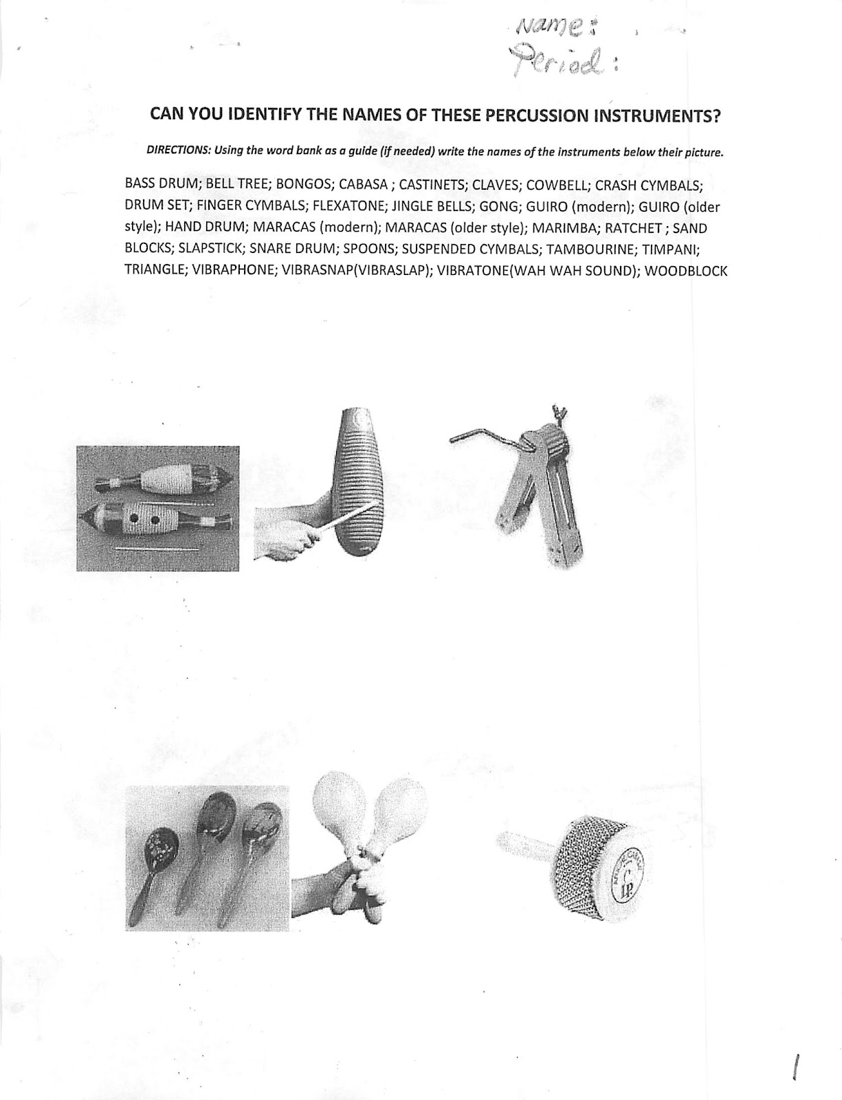 Miss Jacobson's Music: IDENTIFYING NAMES OF PERCUSSION INSTRUMENT WORKSHEET