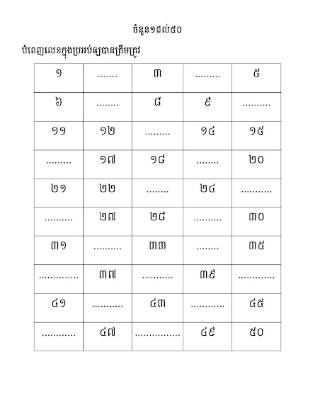 Khmer-English-French Worksheets: លេខ១ដល់៥០