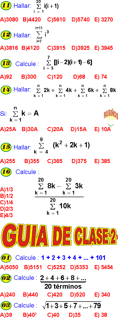 SERIES Y SUMATORIAS OPERADOR SIGMA EJERCICIOS PARA RESOLVER CON CLAVES Y RESPUESTAS PDF