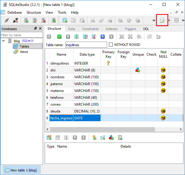 In learning code: Creando una tabla en SQLite
