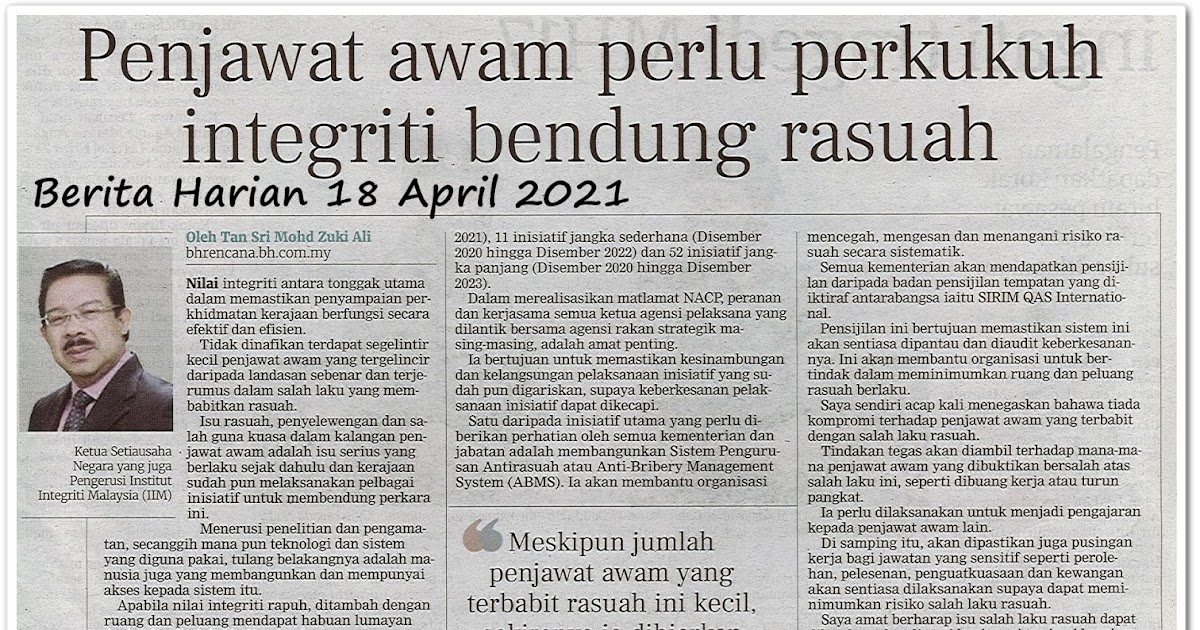Penjawat awam perlu perkukuh integriti bendung rasuah - Keratan akhbar ...
