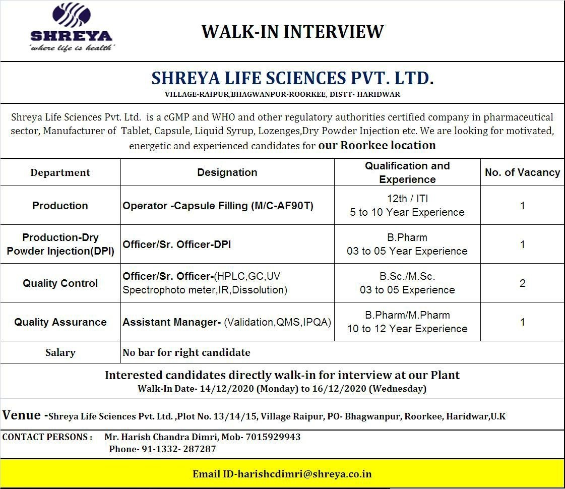 Shreya Life Sciences Pvt. Ltd - Walk-In Interviews Production / Quality Control / Quality ...