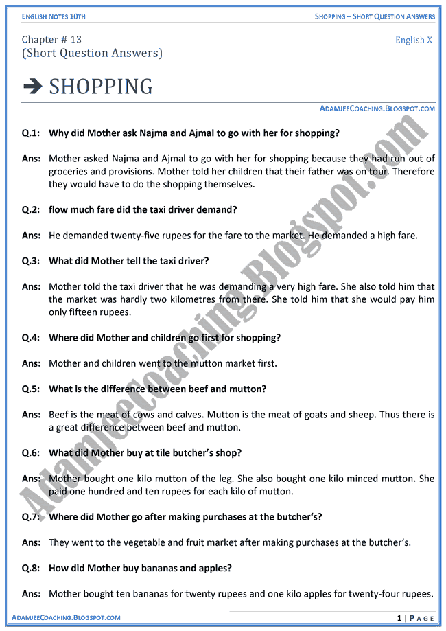 Adamjee Coaching: Shopping - Question Answers - English 10th