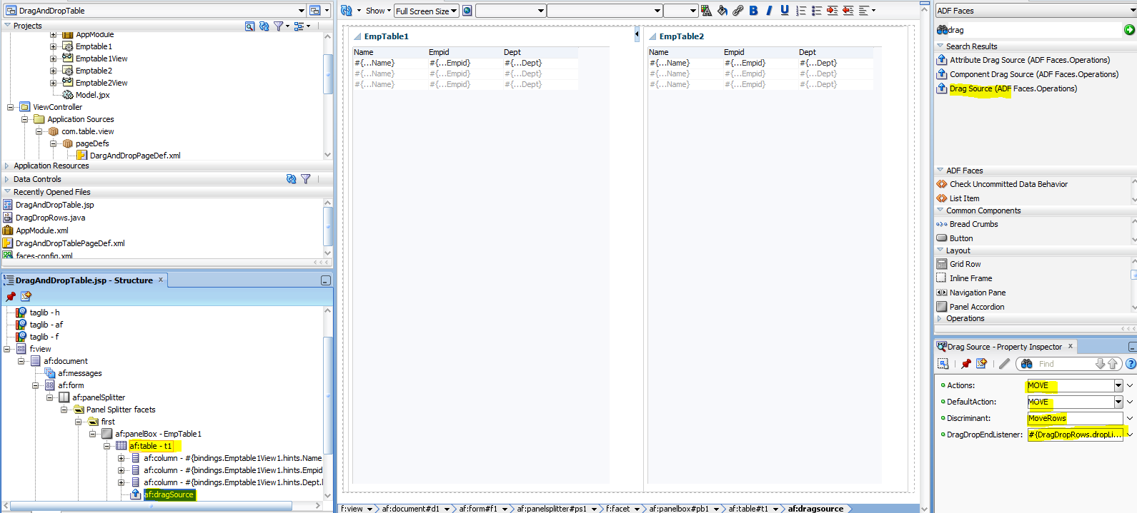 Oracle Adf Drag And Drop Feature In Adf Table Reorder Single Rows Values In A Table