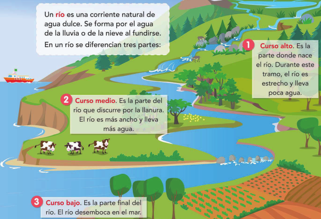 Las características del agua y las partes de un río.