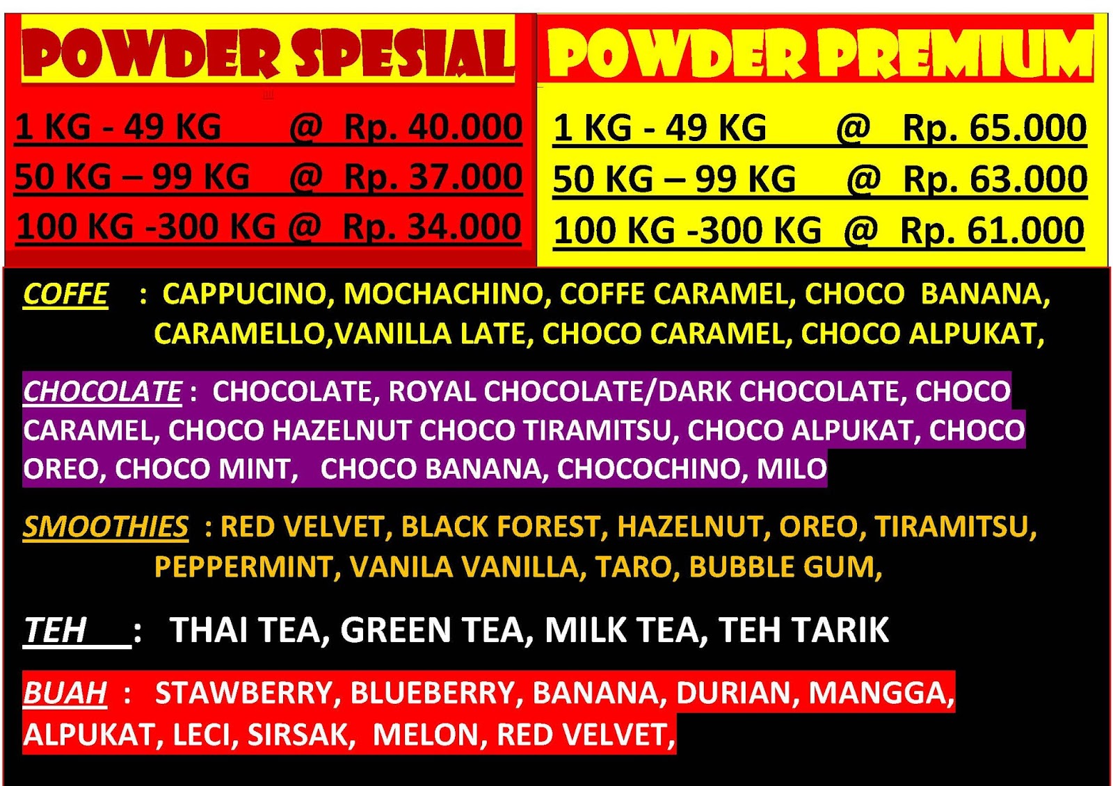 Daftar Harga Powder Drink | Supplier Bahan Baku Kebab