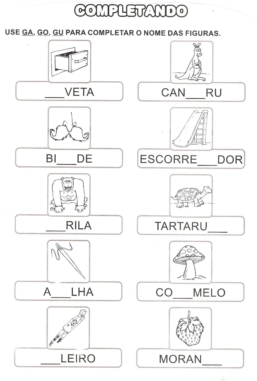 Atividades de alfabetização : Sílabas ga go gu