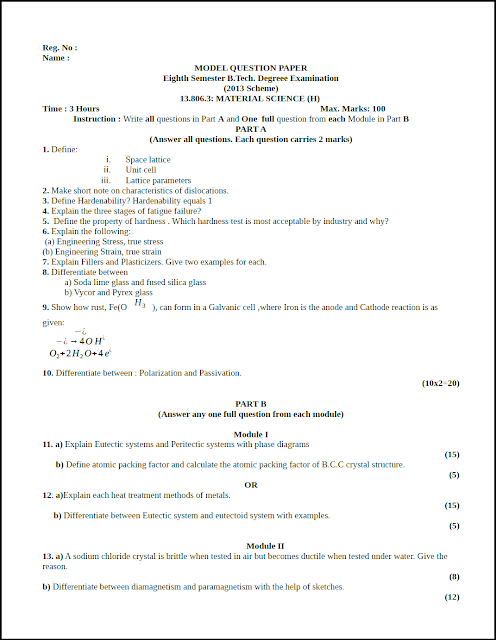 Kerala University B tech Material Science (H) 2016 Question Paper ...