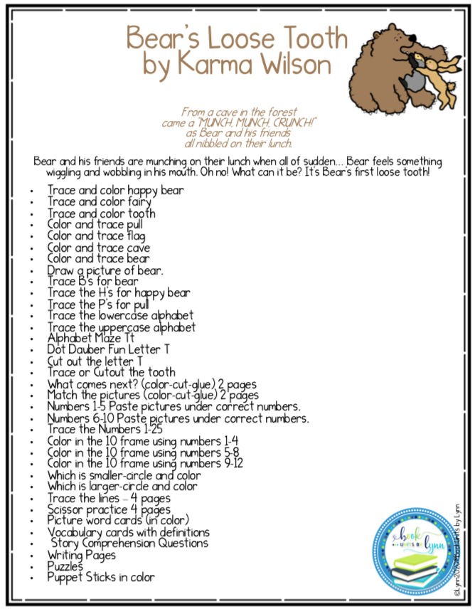 BEAR'S LOOSE TOOTH BOOK UNIT ~ Book Units by Lynn
