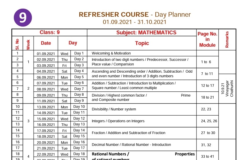 9th Std All Subject Refreshing Course Planner - Day Wise Pdf file