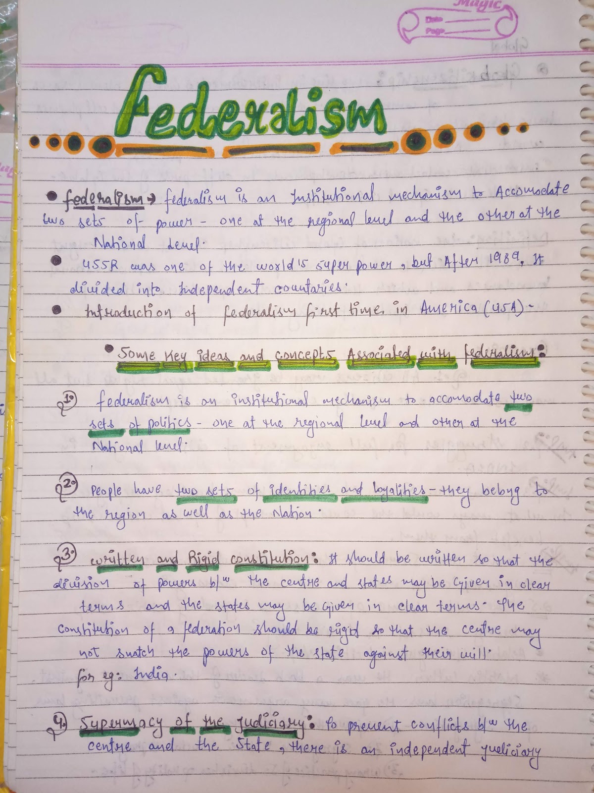 Handwritten Notes of FEDERALISM - Political Science - Class 11th ...