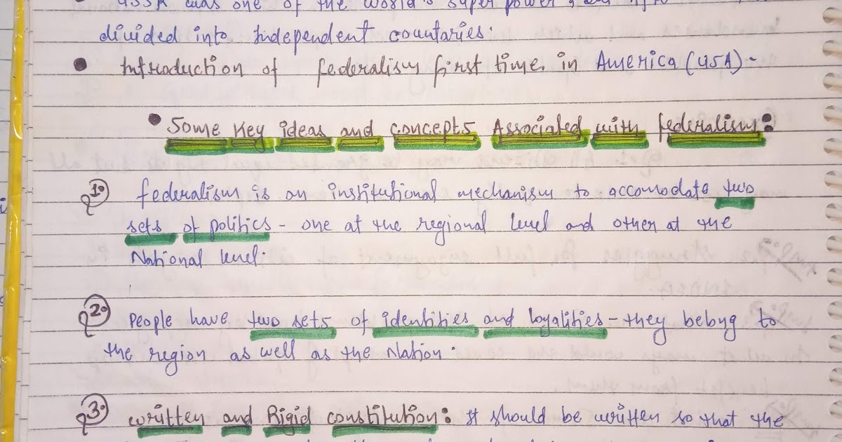 Handwritten Notes of FEDERALISM - Political Science - Class 11th ...