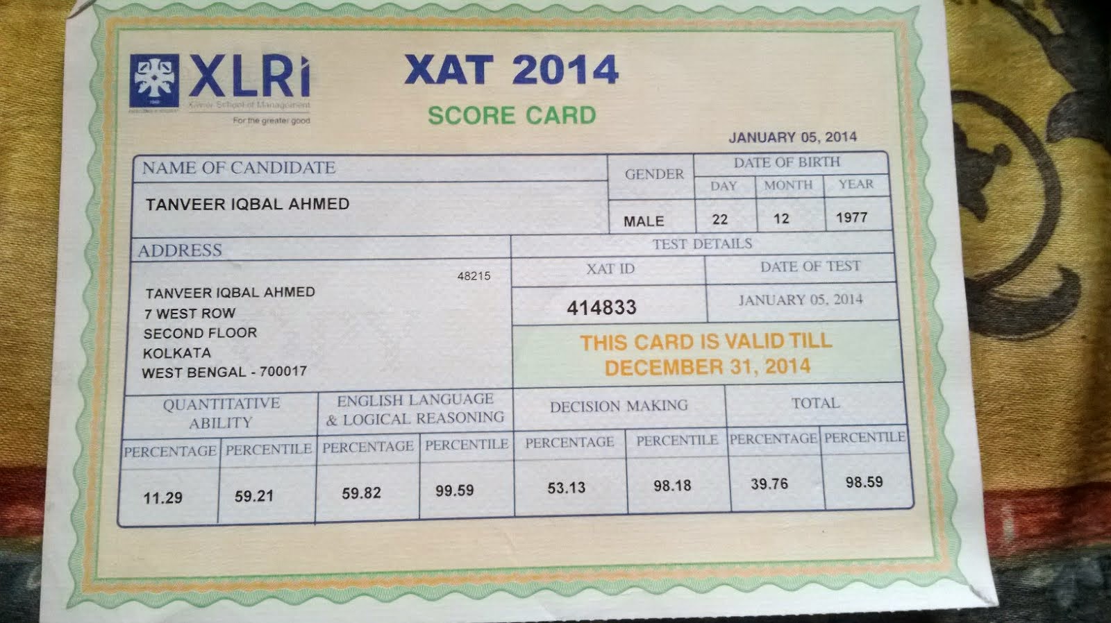 DAILY EXERCISES: XAT 2014 Score Card