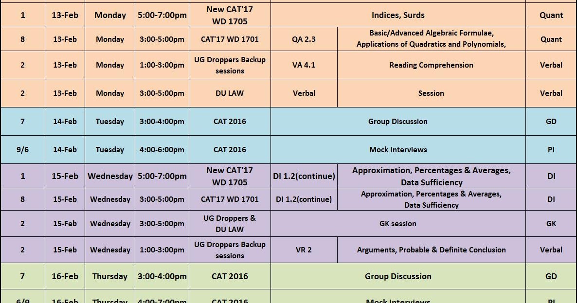 IMS CP Schedule: Class schedule from 13th to 17th February 2017