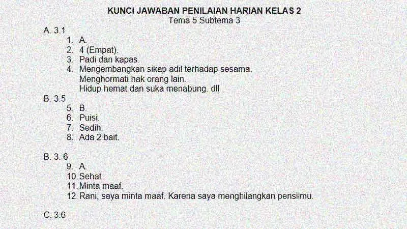 Soal Penilaian Harian Kelas 2 Tema 5 Subtema 3 dan Kunci Jawaban - SekolahDasar.Net