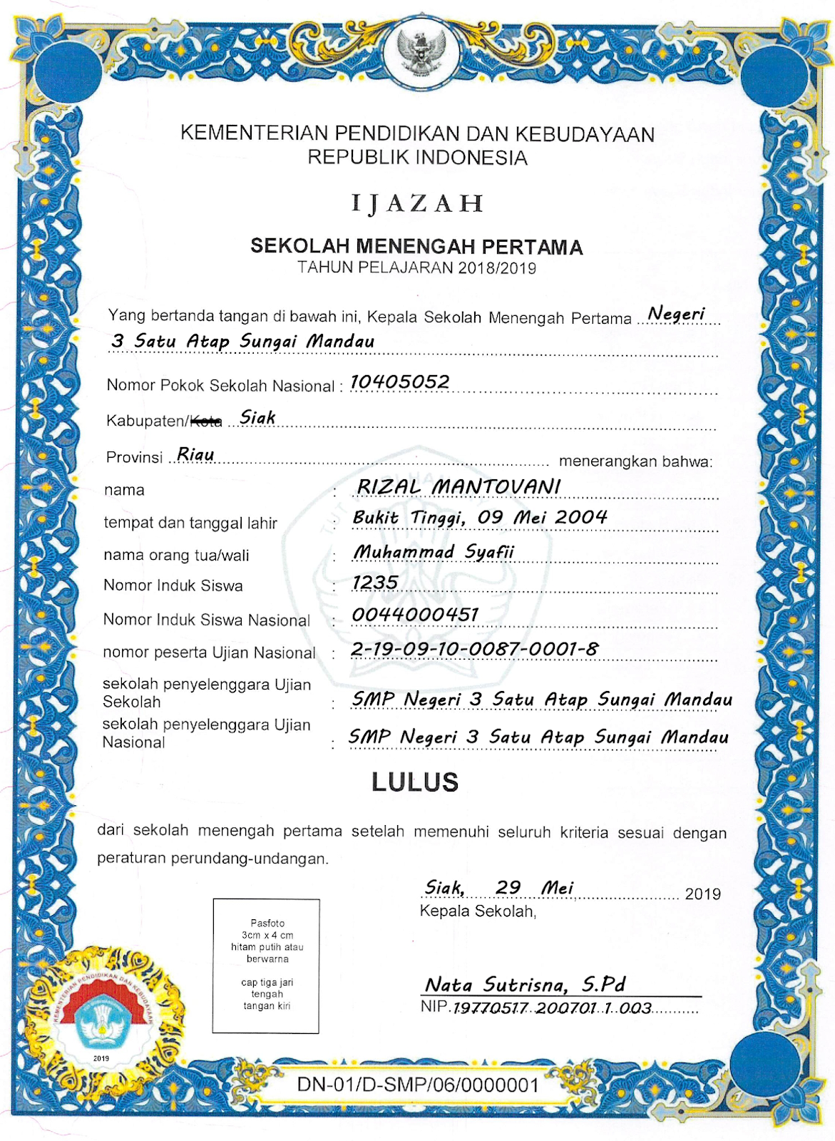 CONTOH PENULISAN IJAZAH SMP TP.2018/2019: Contoh Penulisan Ijazah SMP TP.2018/2019