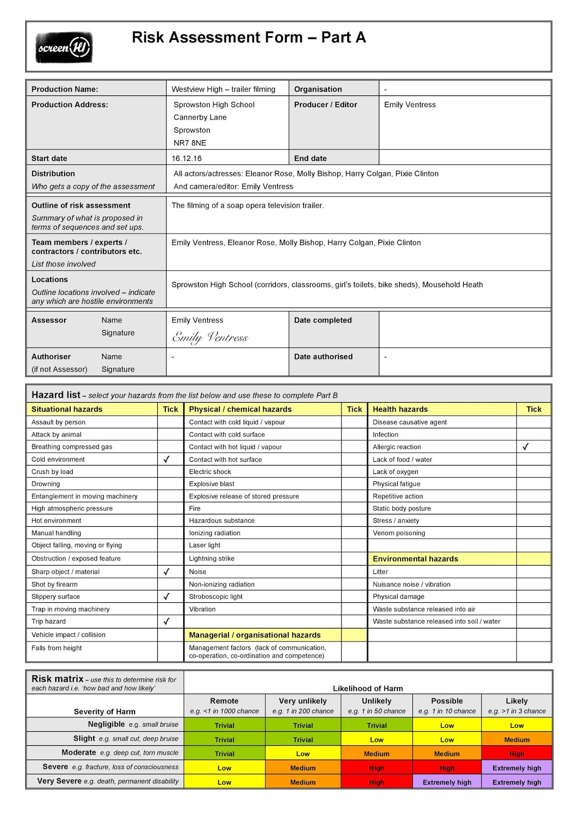 EVentress A2 Media Production 2017: Risk Assessment of Fiming