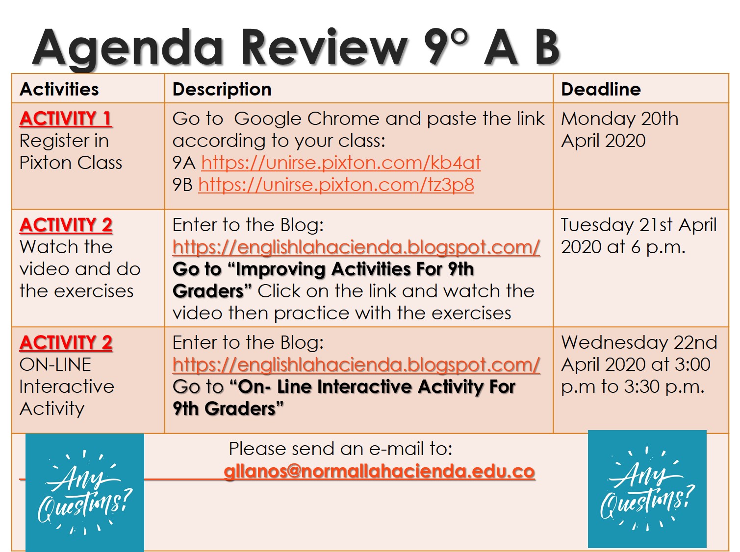GRACCE'S SITE: AGENDA FOR 9TH GRADERS