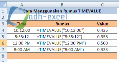 Cara Menggunakan Rumus TIMEVALUE Dalam Microsoft Excel - ADH-EXCEL.COM Tutorial