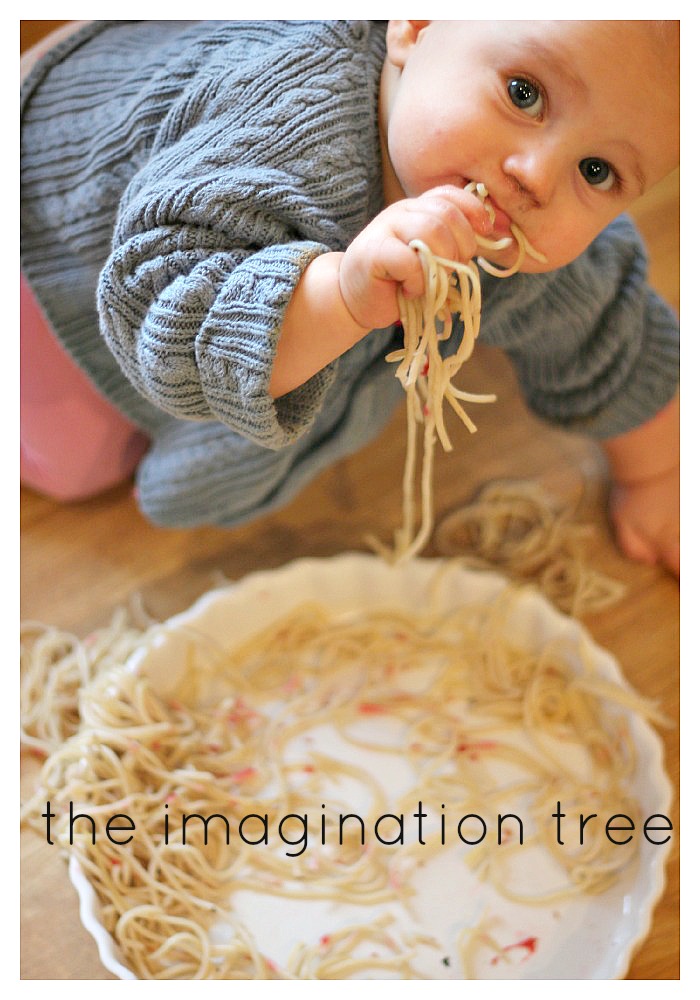 Baby Sensory Play: Raspberry Spaghetti - The Imagination Tree