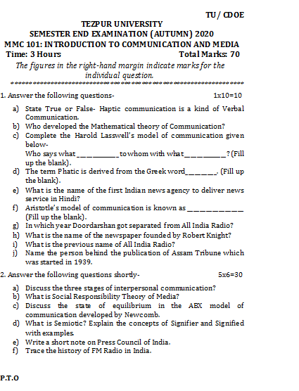 TEZPUR UNIVERSITY (TU/CDOE) AUTUMN Semester End MMC 101: INTRODUCTION ...