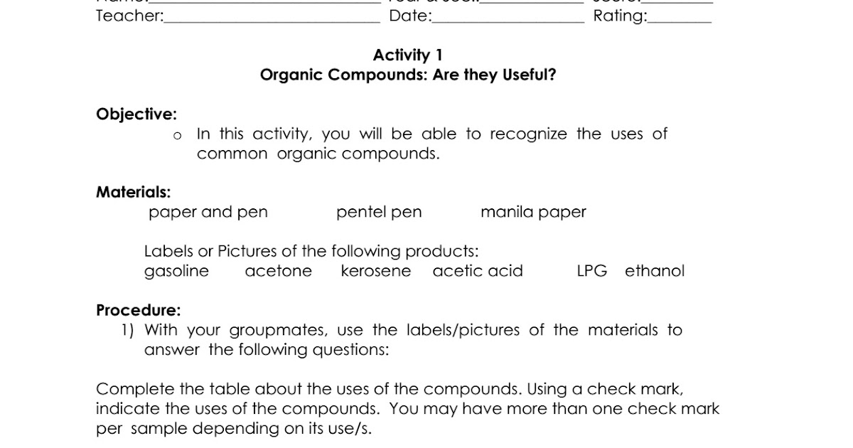Science Concepts and Questions (K to 12): Organic Compounds Activities