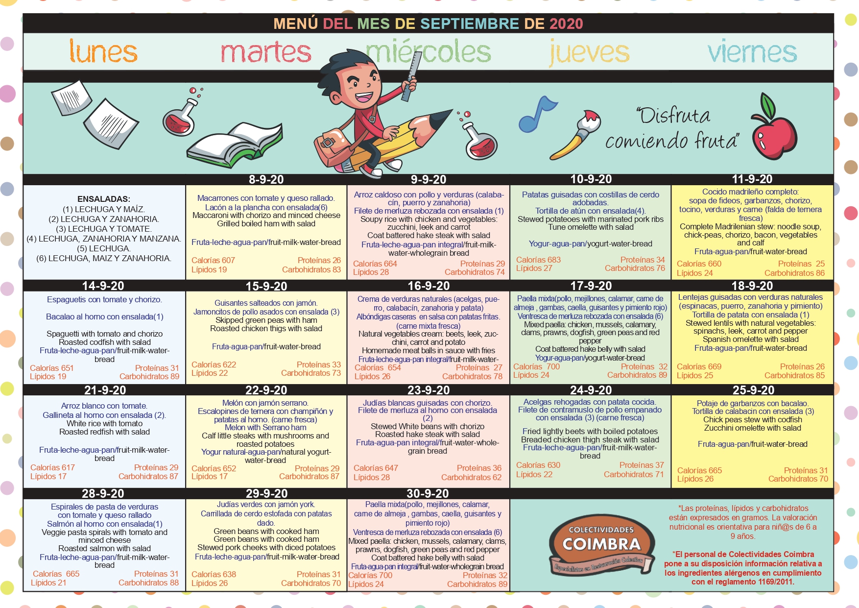 Colegio GABRIEL CELAYA de Móstoles: MENÚ COMEDOR SEPTIEMBRE