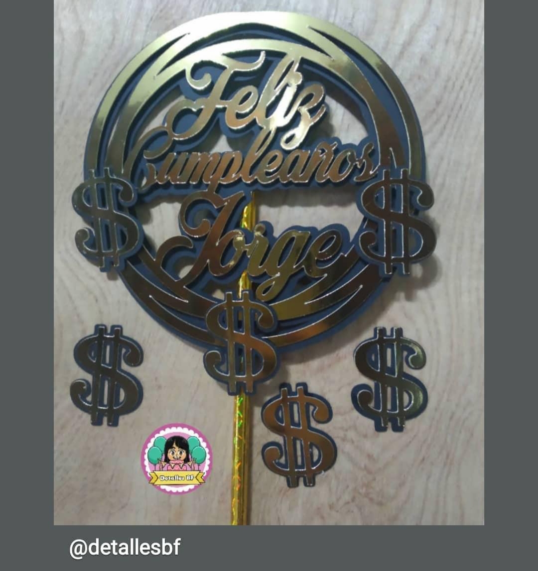 Topper Doble Capa con Metalizado Dinero Feliz Cumpleaños Jorge - Mis ...