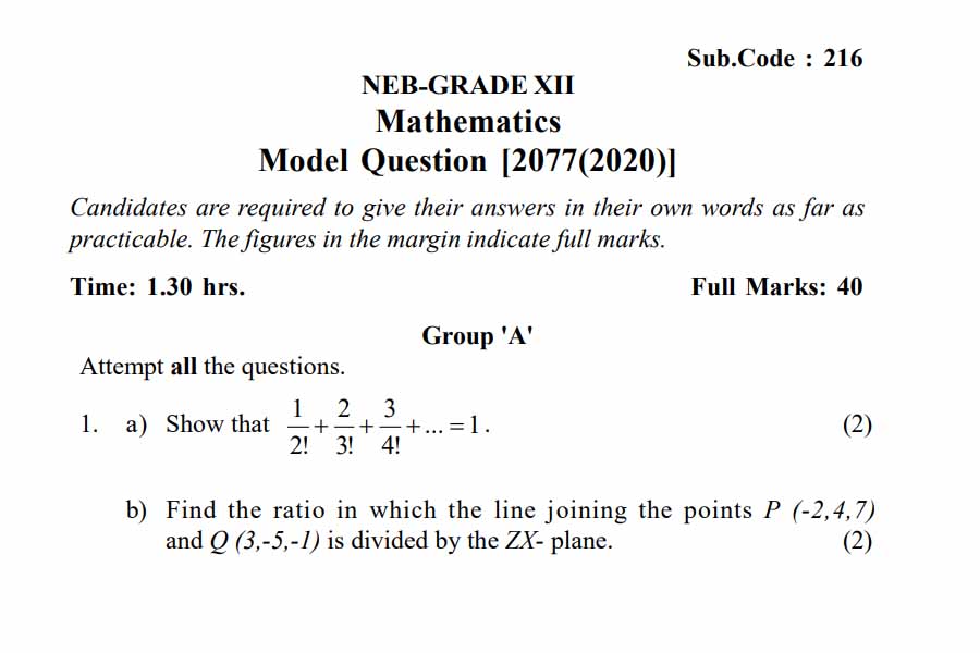 Grade 12 Model Questions 2077- Mathematics - Math Village