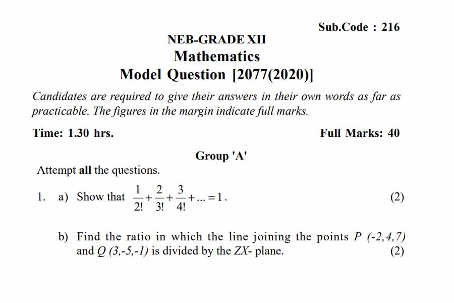 Grade 12 Model Questions 2077- Mathematics - Math Village