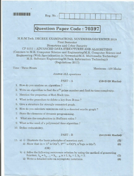 Anna University Cp 5151 ~ Advanced Data Structures And Algorithms November December 2019