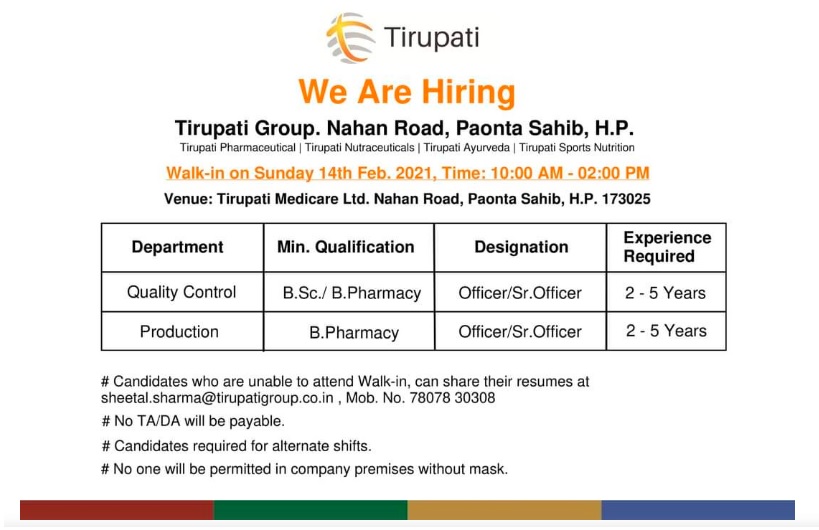 Tirupati Medicare Ltd - Walk-In Interviews for Quality Control ...