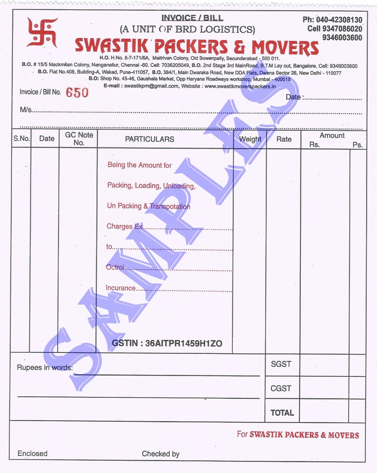 Packers And Movers GST Bill For Claim Hyderabad Pune Delhi PDF Mumbai ...