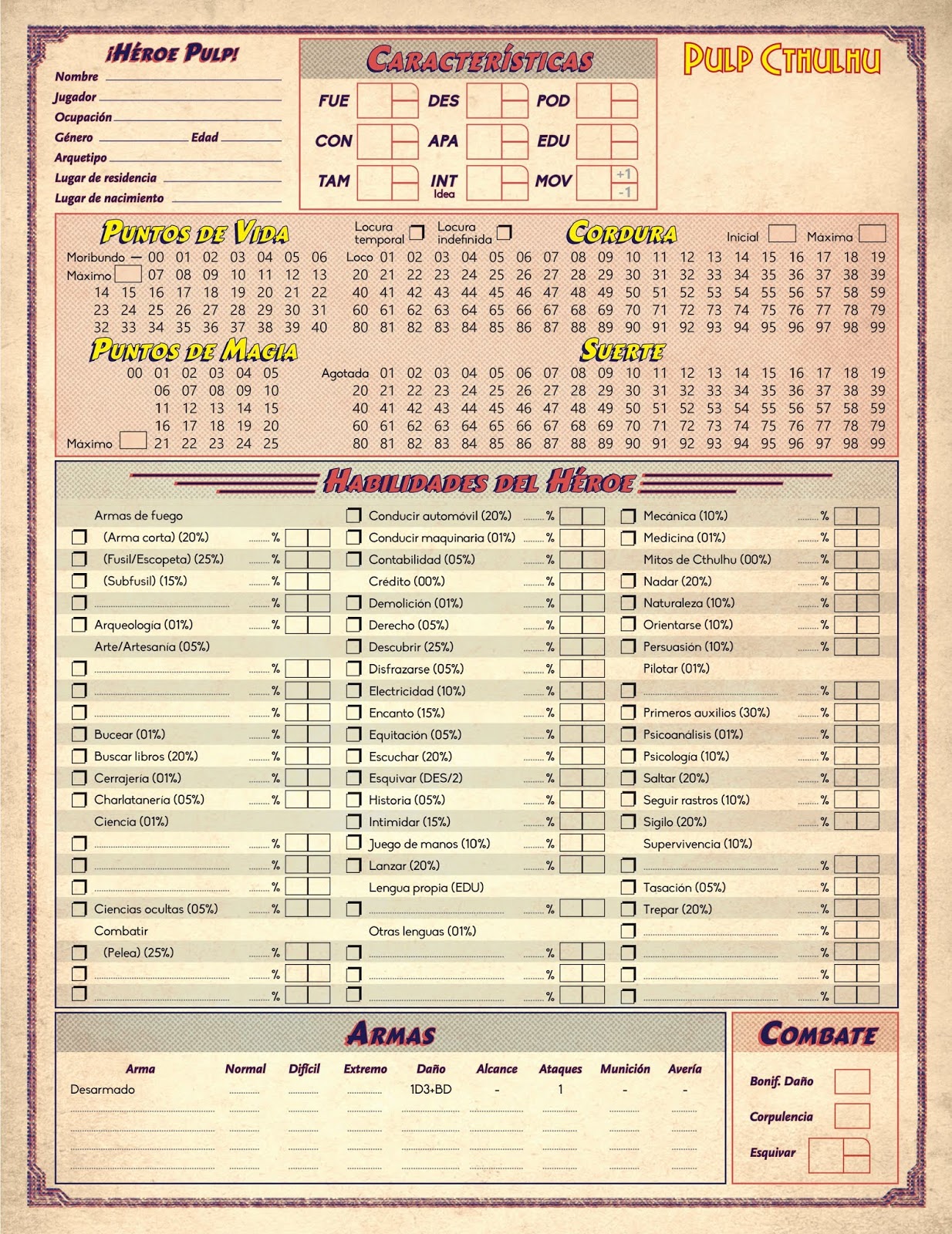 Red de Rol: Ficha OFICIAL de Pulp Cthulhu en castellano
