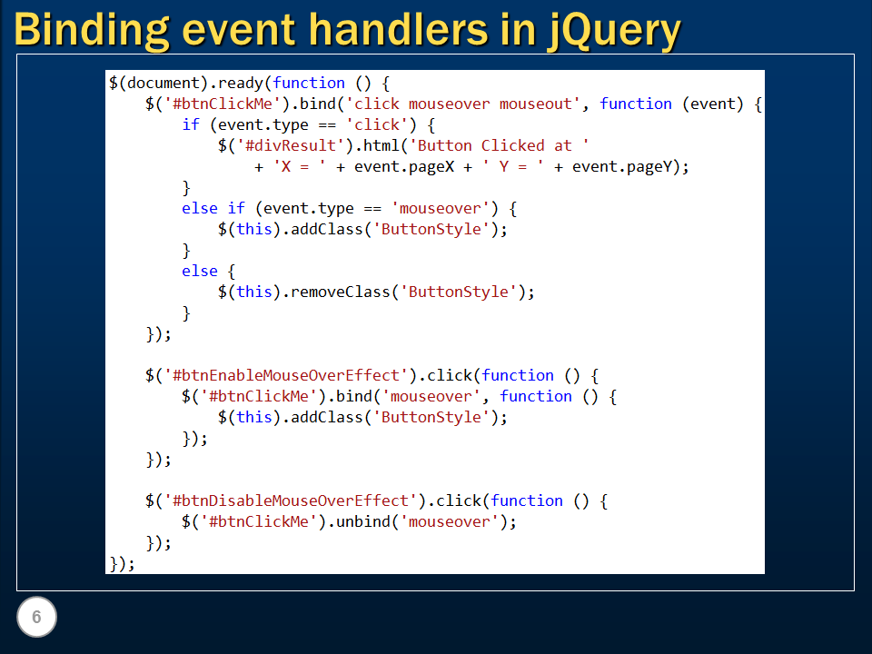 Sql server, .net and c# video tutorial: Binding event handlers in jquery Sql server, .net and c# video tutorial: Binding event handlers in jquery