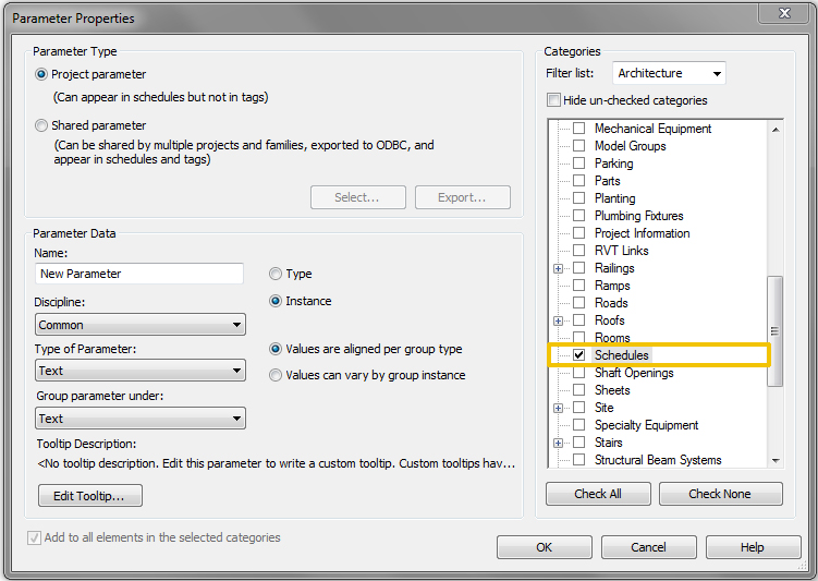 Revit Link: New Parameter Category: Schedules