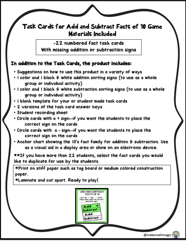 Make Math Magic: Addition And Subtraction Fact of 10 Game