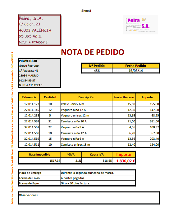 Modas Peira, S.A.: Nota de pedido