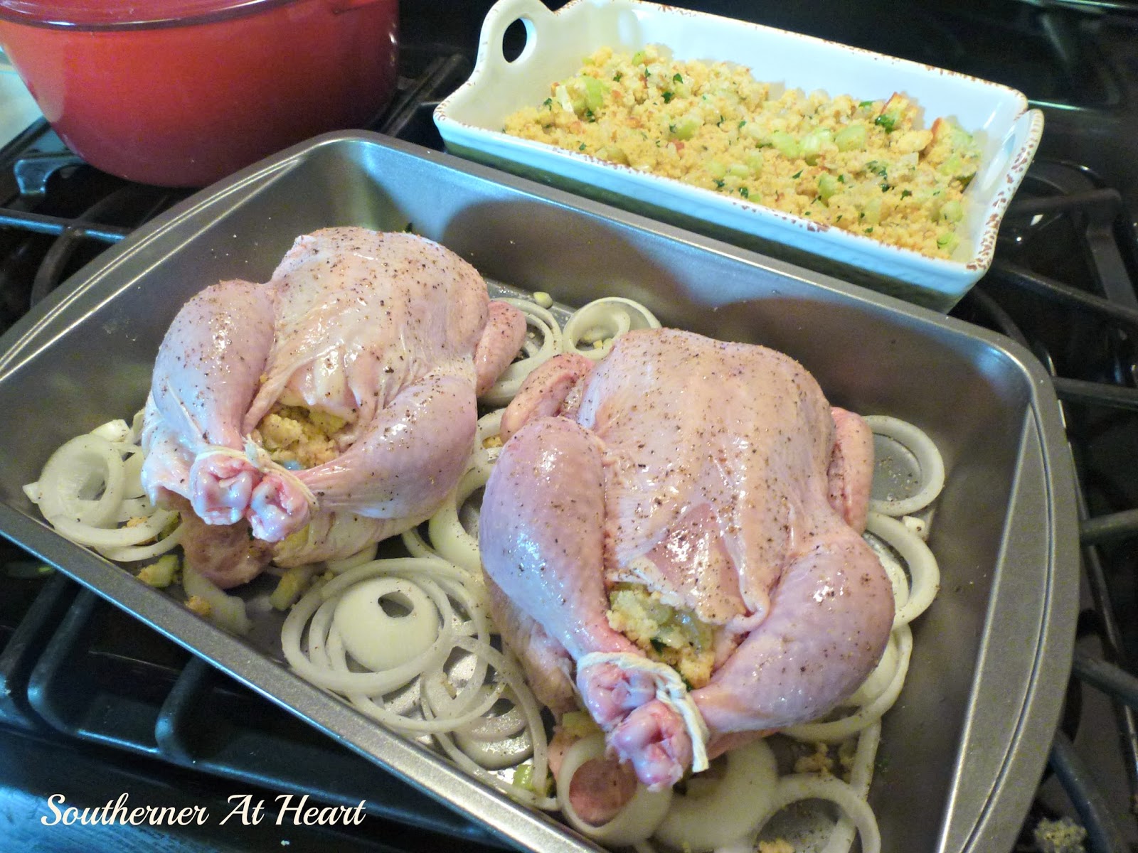 Southerner At Heart: What's for Dinner? Cornish Hens with Cornbread Stuffing